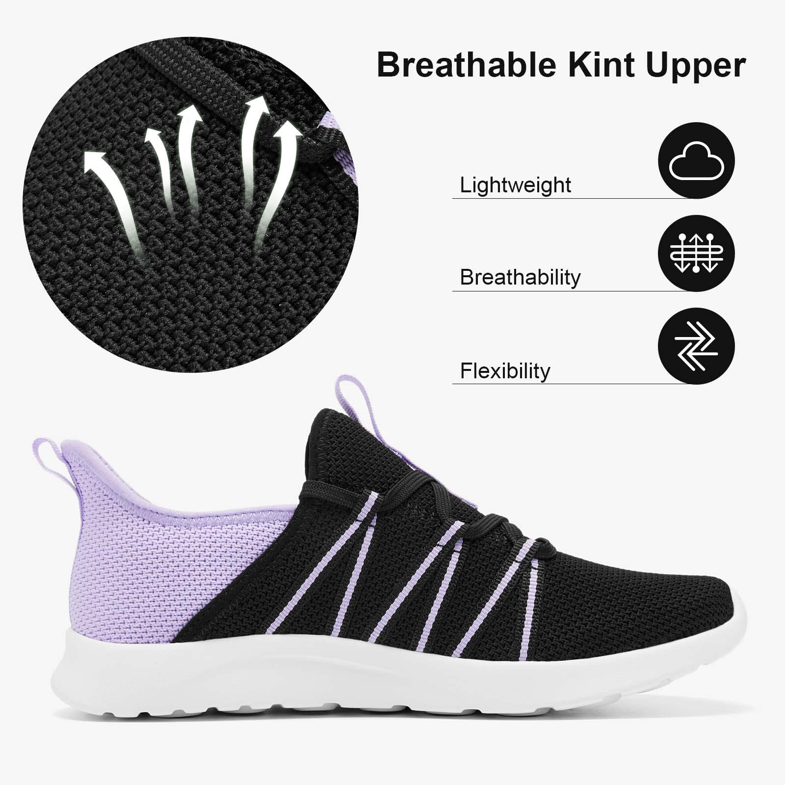 HIITAVE Walking Shoes Womens Tennis Slip On Sneakers for Running Fitness Jogging Plantar Fasciitis Breathable Black Lavender Size 8 US