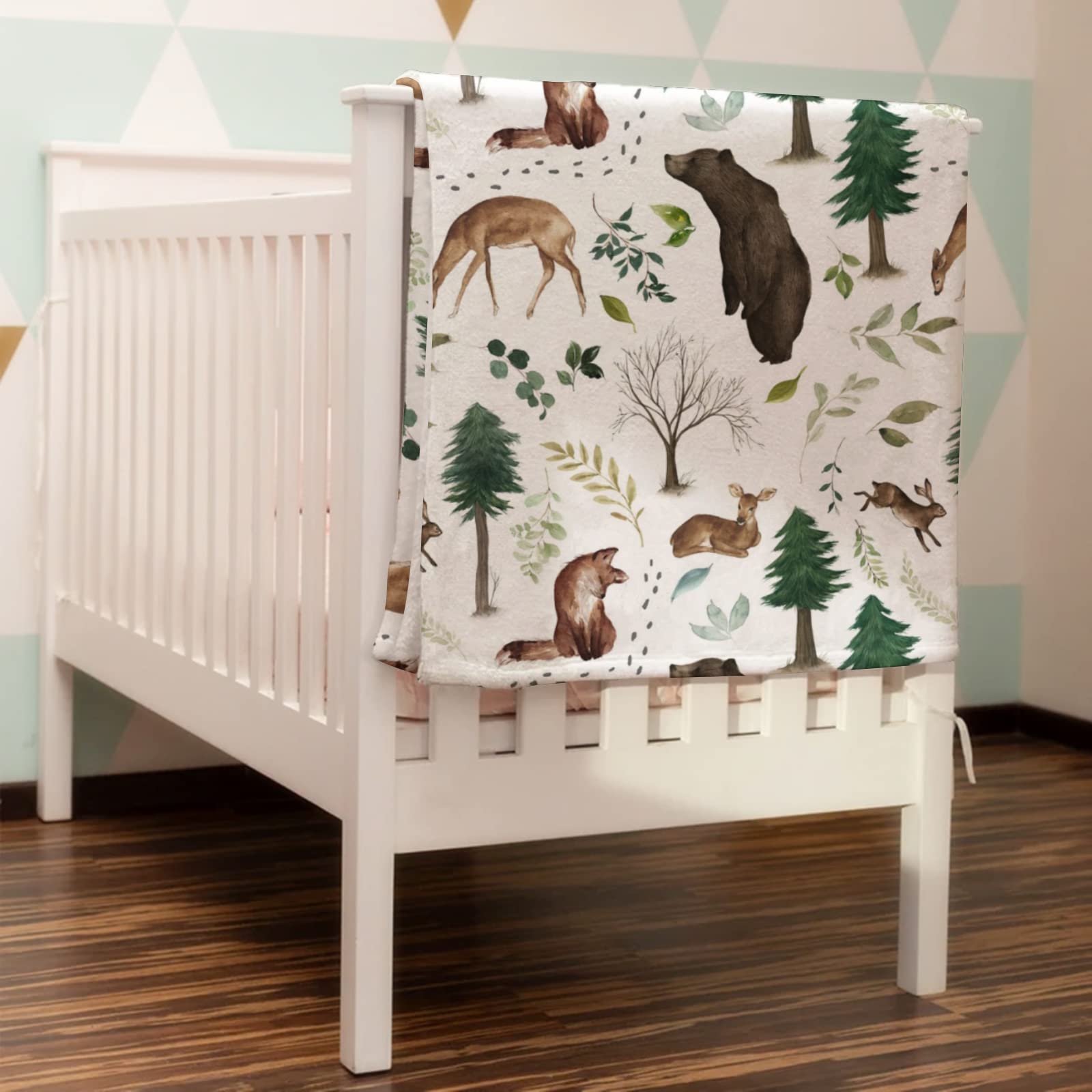 HawSkgFub Woodland Forest Animals Baby Blanket Boys Gift, Pine Tree Bear Fox Deer Leaf Flannel Fleece Nursery Bed Swaddling Blankets, Soft Lightweight Newborn Infant Kids Toddler Crib Bedding 30 x 40