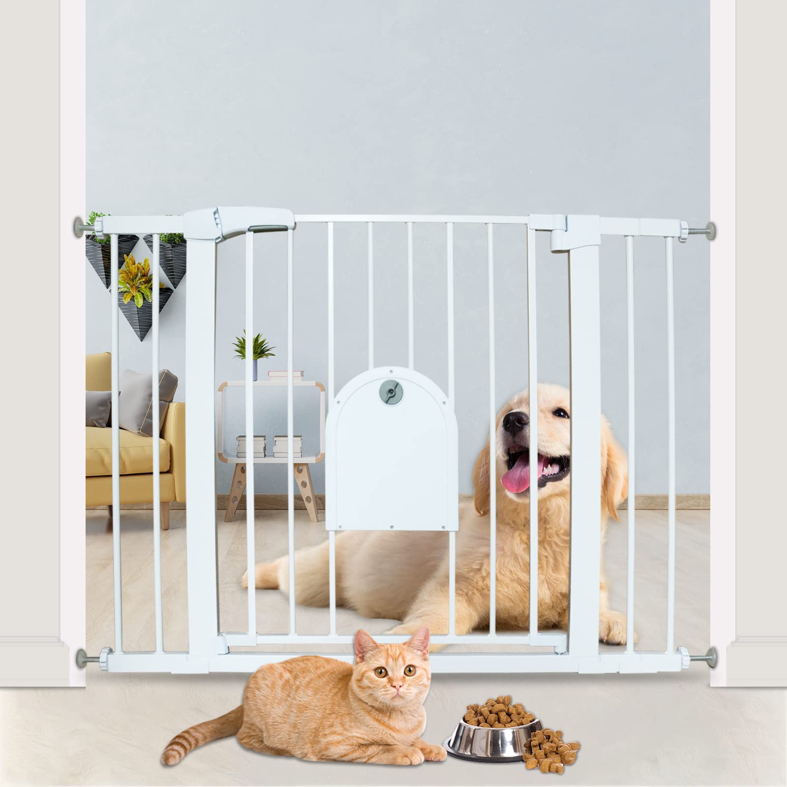 Baby Gate with Cat Door，42.5"-29.5" Auto Close Safty Dog Gate with Cat Door- Pressure Mounted Baby Gate for Doorway Stairs (Fits 29.5-42.5" Width)