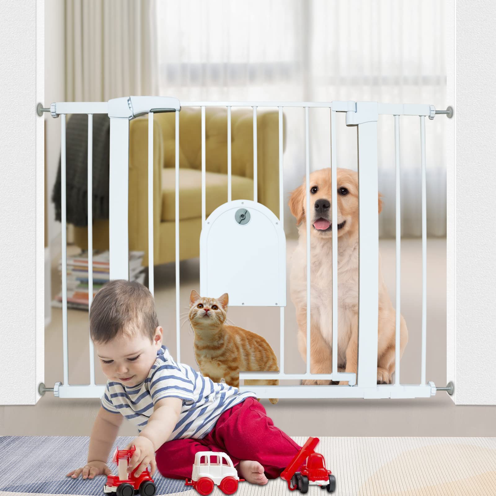 Baby Gate with Cat Door，42.5"-29.5" Auto Close Safty Dog Gate with Cat Door- Pressure Mounted Baby Gate for Doorway Stairs (Fits 29.5-42.5" Width)