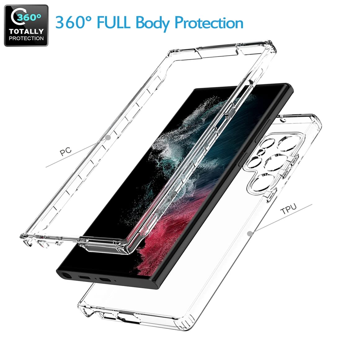 Tothedu Phone Case for Samsung Galaxy S23 Ultra Case with Tempered-Glass Screen Protector, Clear Full Body Protective Hard PC Shell TPU Bumper Cover Cases for Samsung Galaxy S23 Ultra 5G (Clear)