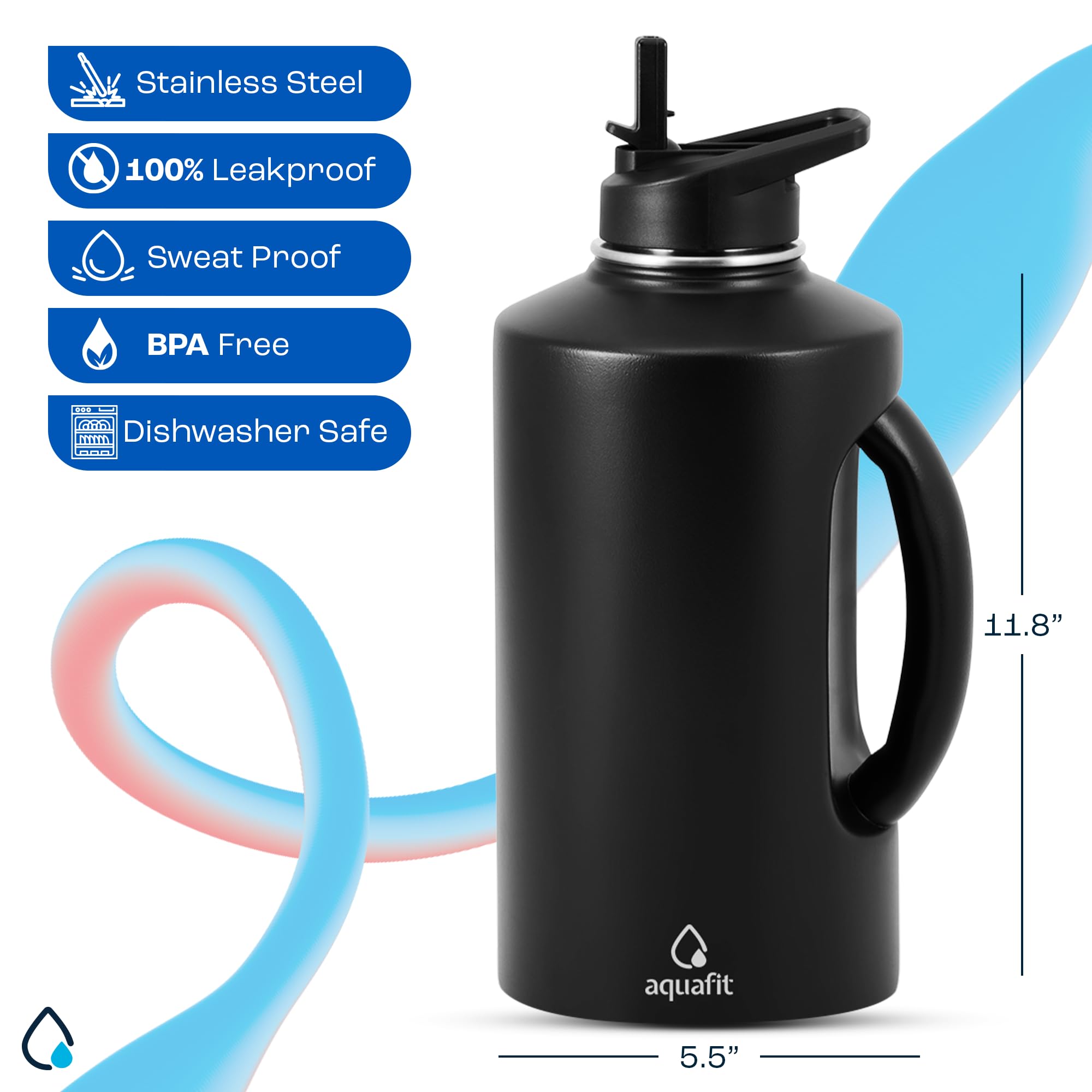 AQUAFIT Insulated Water Bottle 64 oz - Water Bottle Stainless Steel - 64 oz Water Bottle - 64 oz Insulated Water Bottle with Straw - Half Gallon Water Bottle Insulated Growler (74oz, Midnight Black)