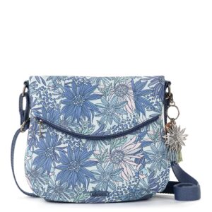 sakroots foldover crossbody bag in eco-twill with adjustable strap, denim flower garden