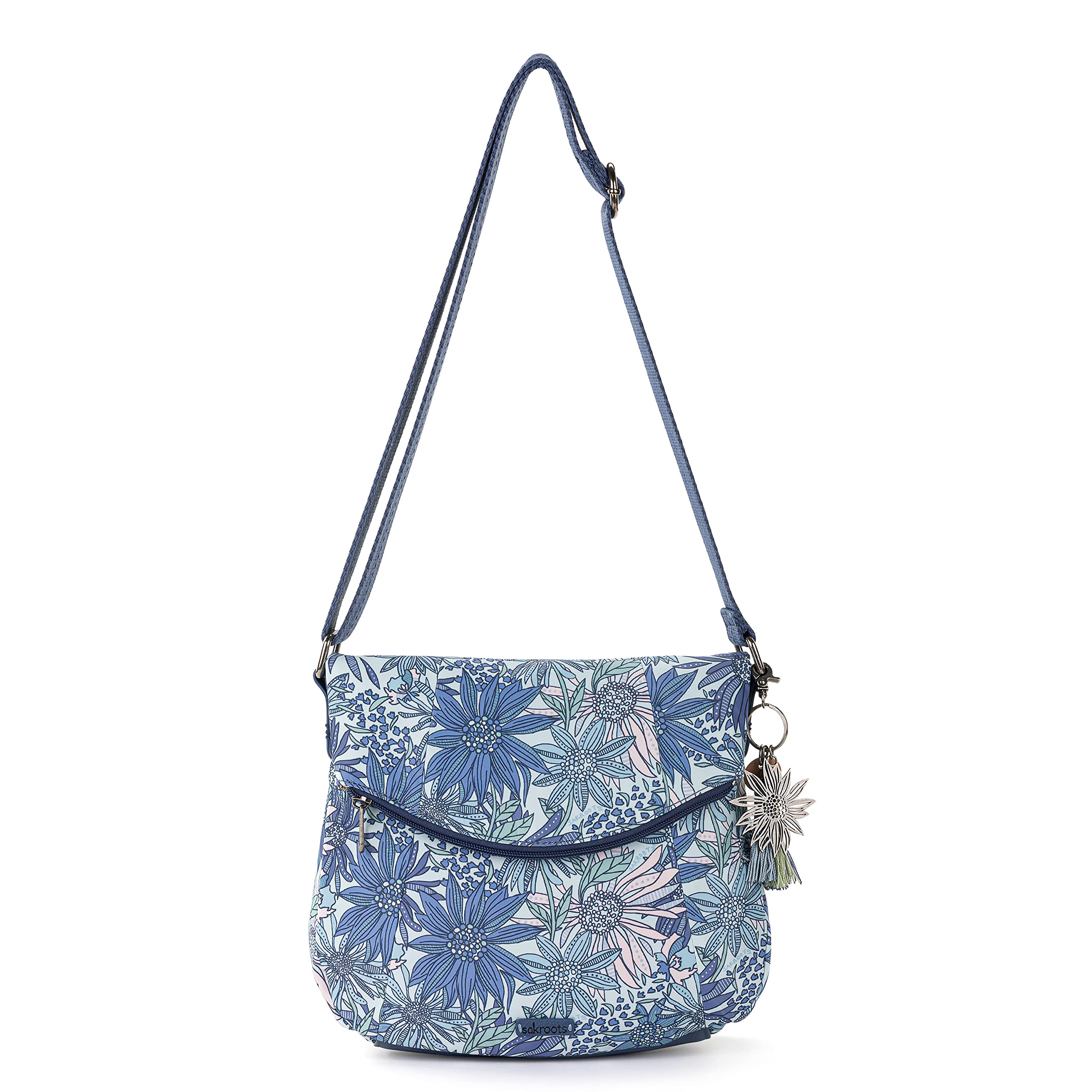 Sakroots Foldover Crossbody Bag in Eco-Twill with Adjustable Strap, Denim Flower Garden