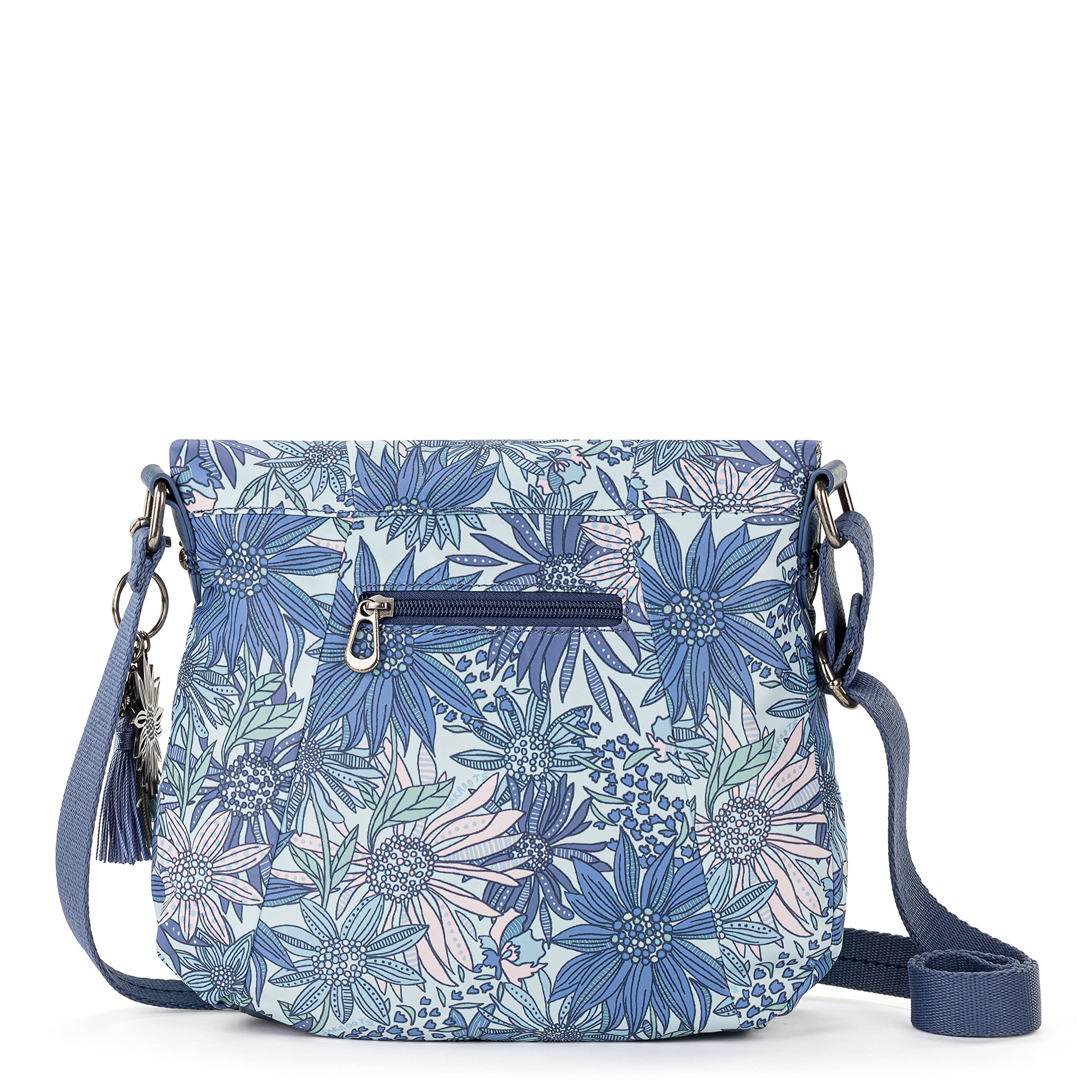 Sakroots Foldover Crossbody Bag in Eco-Twill with Adjustable Strap, Denim Flower Garden