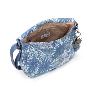 Sakroots Foldover Crossbody Bag in Eco-Twill with Adjustable Strap, Denim Flower Garden