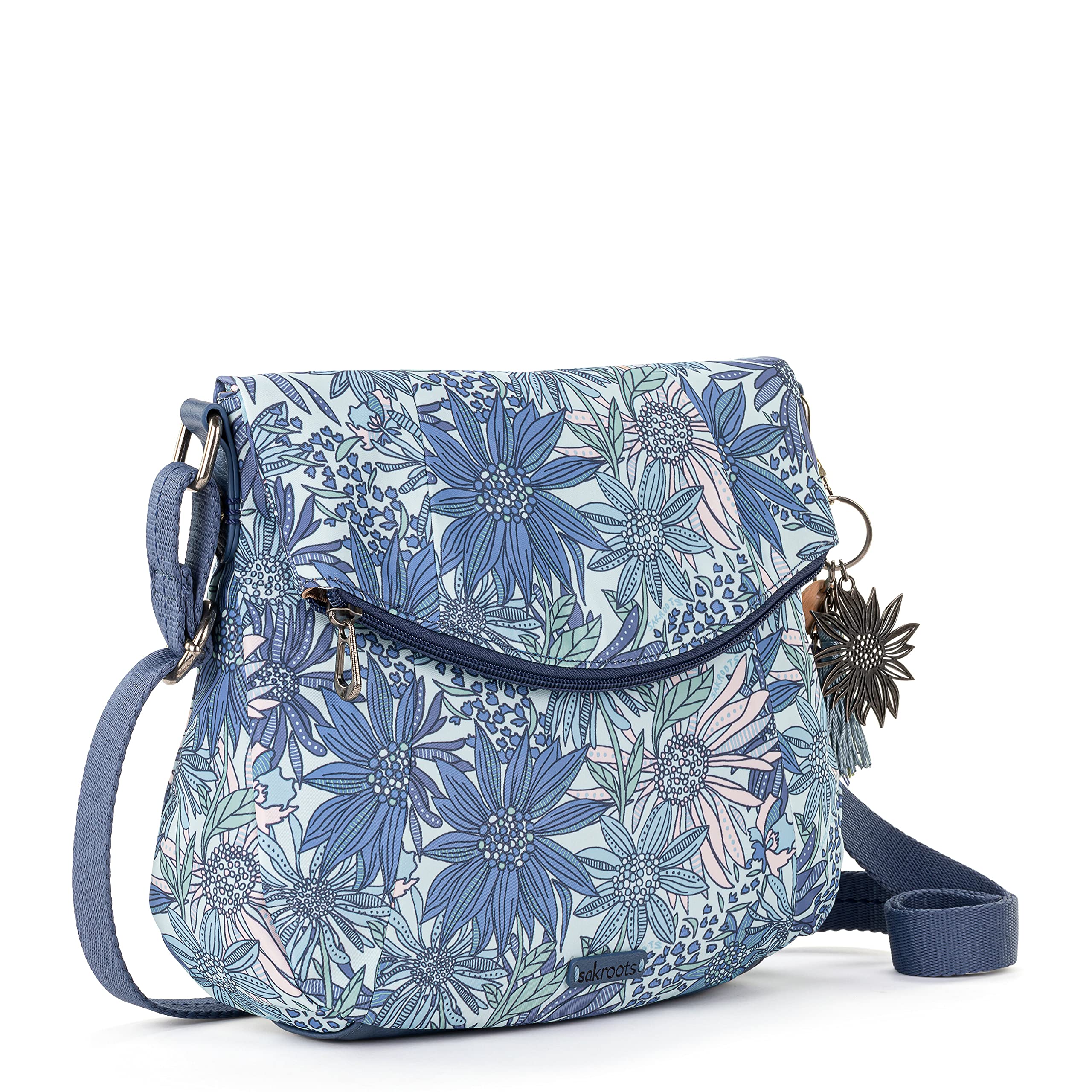 Sakroots Foldover Crossbody Bag in Eco-Twill with Adjustable Strap, Denim Flower Garden