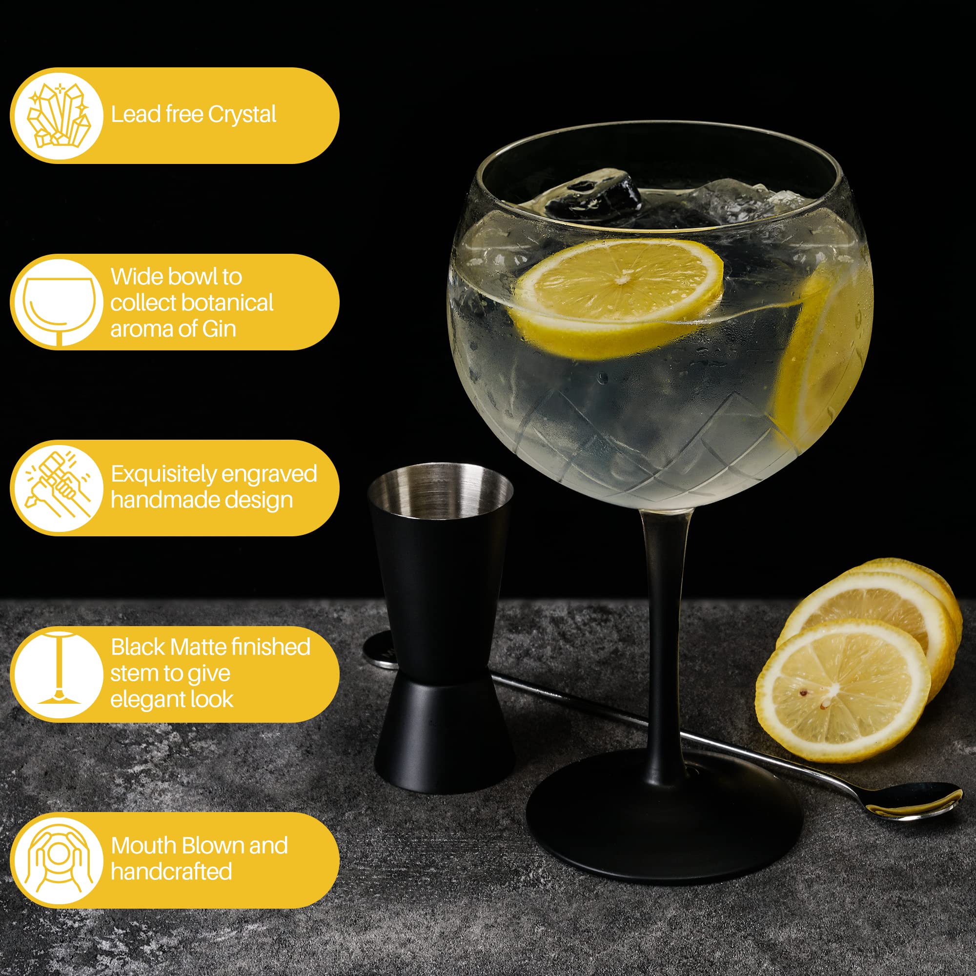 MIAMIO - 2 x 22 oz Gin Glass/Set of 2 Gin Glasses - Tonic Glasses Ideal for Gin and Cocktails - Gift Set including Measuring Cup Glass and Stirring Spoon