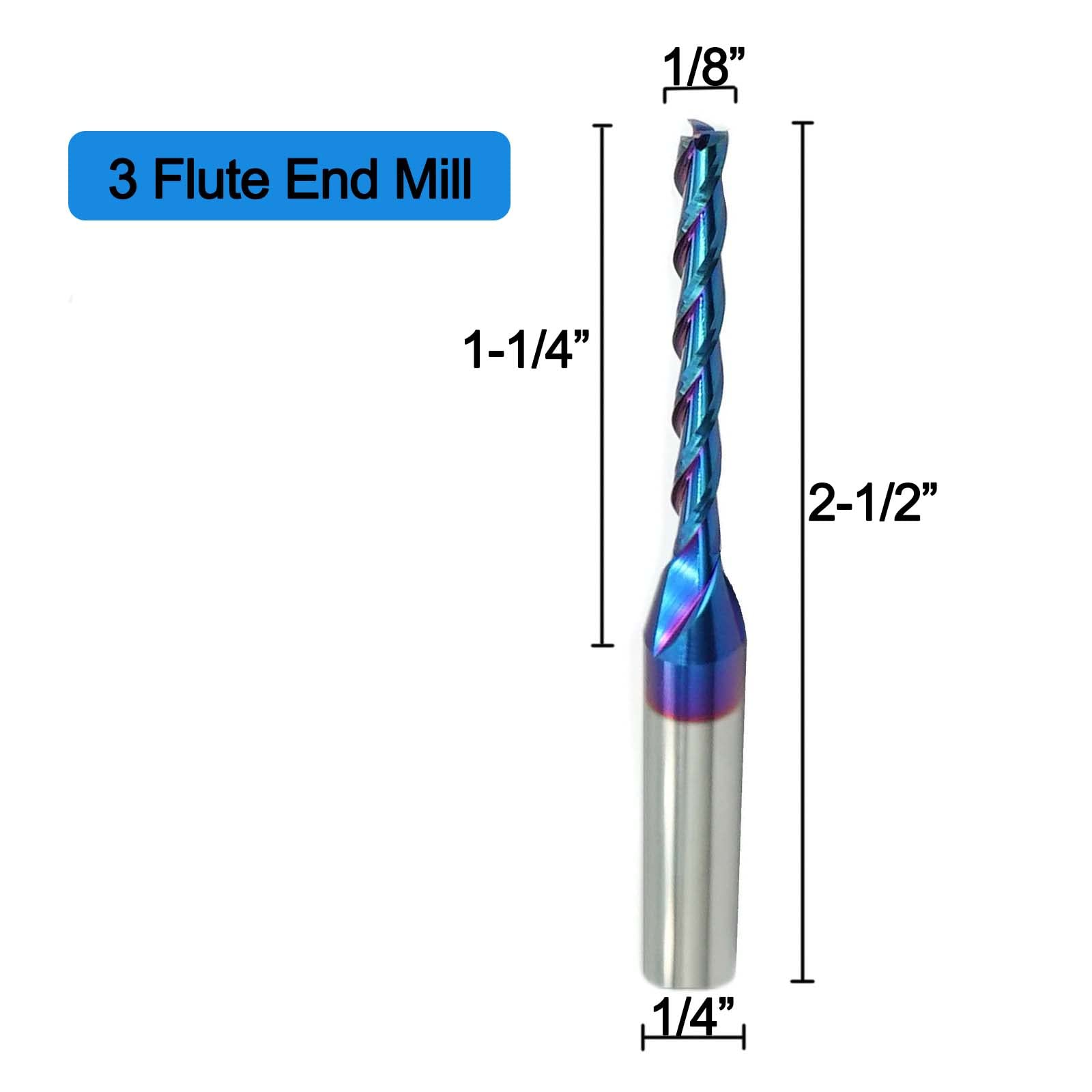 CNC Router Bit 3 Flutes 1/8 inch Cutting Dia 1/4 inch Shank Spiral Solid Carbide End Mill with NACO Coating for Wood Cut Carving Engraving