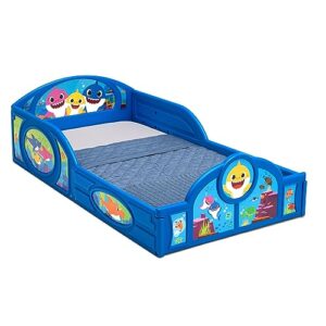 baby shark plastic sleep and play plastic toddler bed with attached guardrails by delta children, blue