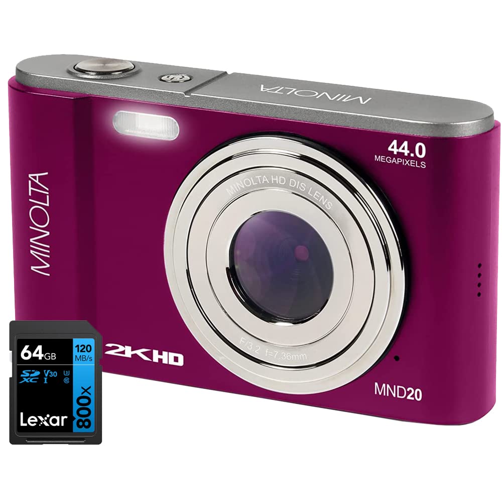 Minolta MND20-M 44 MP / 2.7K Ultra HD Digital Camera Magenta Bundle with Lexar 64GB High-Performance 800x UHS-I SDHC Memory Card Blue Series