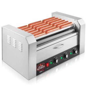 olde midway electric 30 hot dog 11 roller grill cooker machine with bun warming drawer and cover - commercial grade, stainless steel