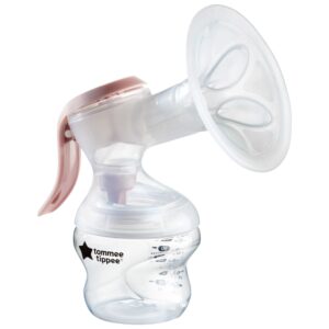 tommee tippee made for me single manual breast pump, strong suction, soft feel, ergonomic handle, portable and quiet breastmilk pump, baby bottle included