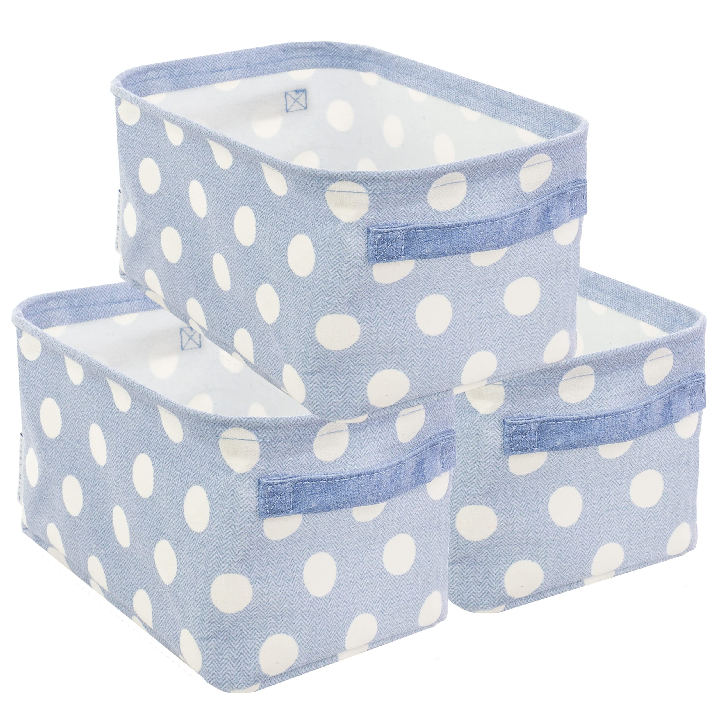 Steel Mill & Co 3-Pack Collapsible Storage Bins, Small Baskets for Organizing, Decorative Fabric Bins for Nursery, Shelves, and Closets, Blue and Cream Texture Dots