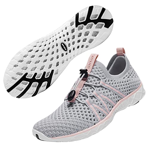 KOLILI Womens Aqua Shoes for Water Aerobic, Quick Drying Water Hiking Shoes, Breathable Slip on Water Shoes with Arch Support for Beach Swimming/Walking Gray/Pink Size 8