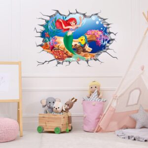 cartoon wall decals realistic beautiful watercolor mermaid coral wall stickers self-adhesive vinyl wall decor for kid nursery bathroom bedroom living room decorations (15.7"x23.6")