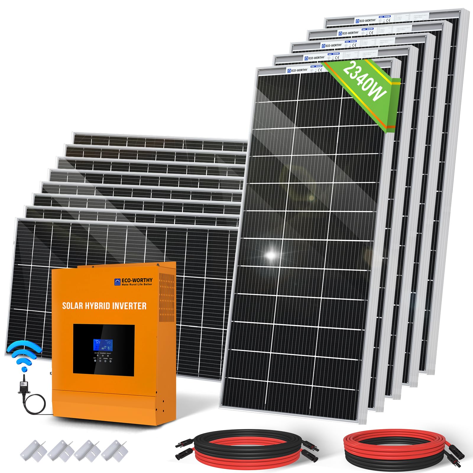 ECO-WORTHY 10.7KWH 2400W 48V Solar Power System Kit Off Grid Solar Panel Kit with 5000W 48V All-in-one Solar Charge Inverter and 12pcs 195W Solar Panel and Z Mounting Brackets.Plug and Play