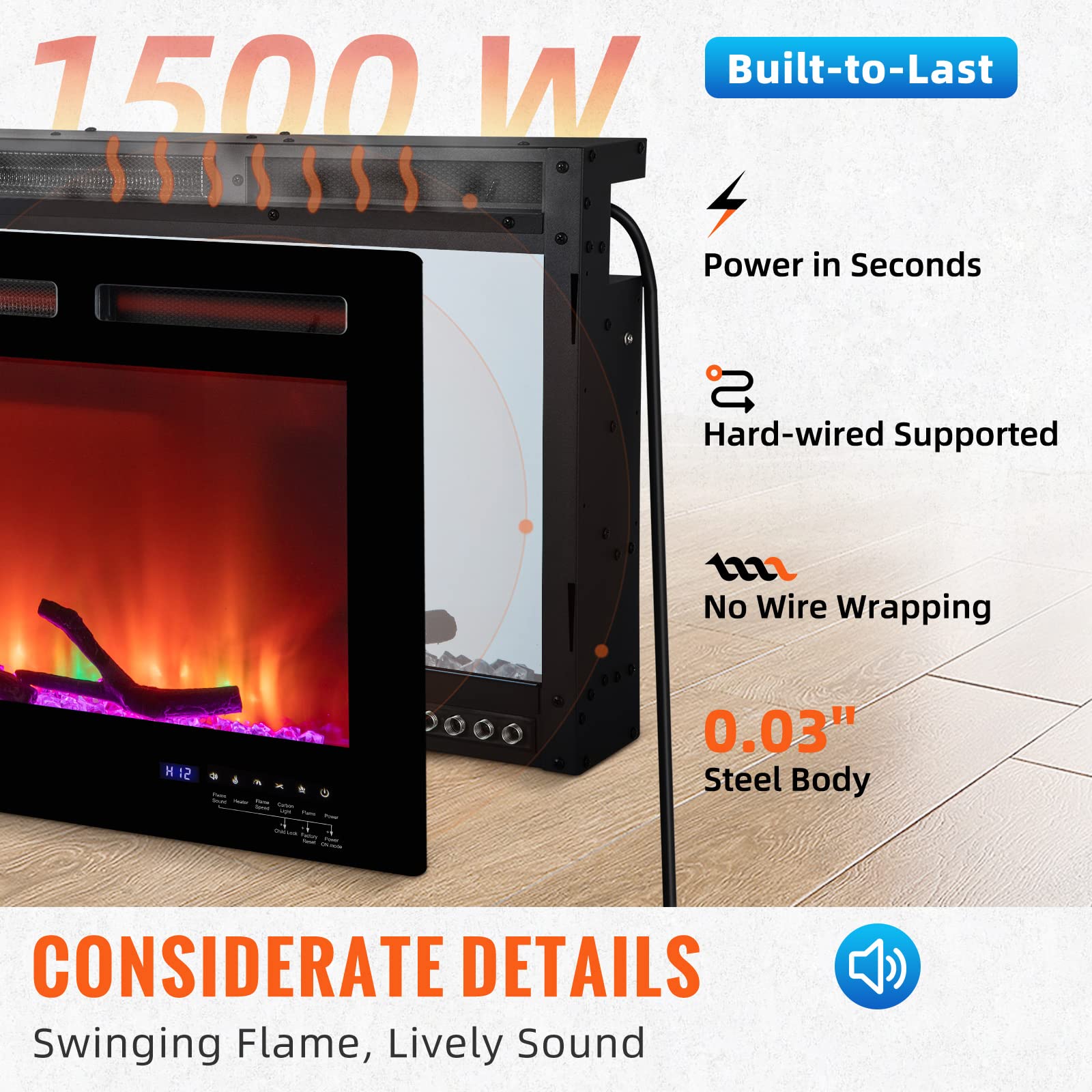 VEVOR Electric Fireplace, 36-inch Recessed and Wall Mounted, Fit for 2 x 4 and 2 x 6 Stud, Adjustable Flame Colors and Speed with Remote Control & Timer, 1500 W, Black