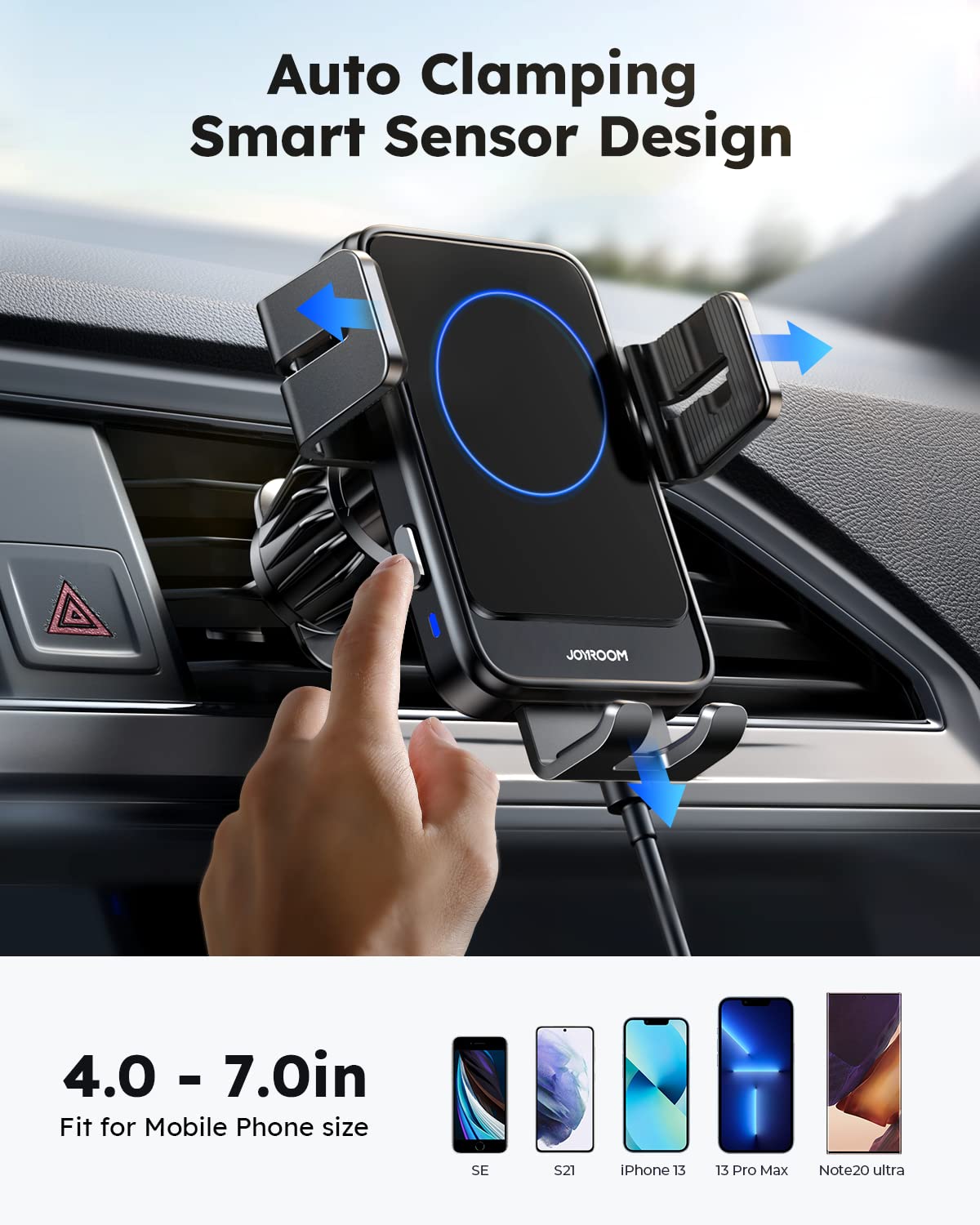 JOYROOM Wireless Car Charger Mount, Auto-Clamping 15W Max Qi Fast Charging Wireless Phone Charger for Car, Super Stable & Hands-Free Air Vent Car Phone Mount Charger for iPhone 15 14 13 12 11