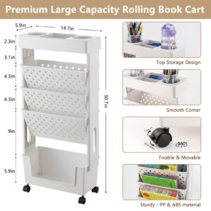 CINPIUK Rolling Office Paper Organizer, Mobile Book Cart Document Folder File Storage with Pen Holder, Slim Rolling Storage Cart Movable Bookshelf for Office, Dorm, Classroom, Nursery, White