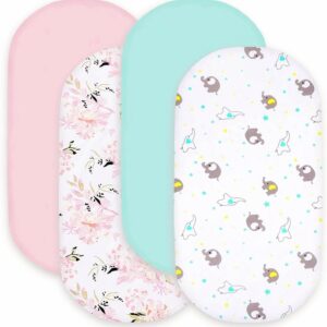 bimocosy Bassinet Sheet, 4 Pack Bassinet Sheets for Baby Girls Boys, Soft Baby Bassinet Fitted Sheets Neutral for Standard Bassinet Mattress, Size 32 x 16 x 4 Inches, Floral/Elephant/Pink/Green