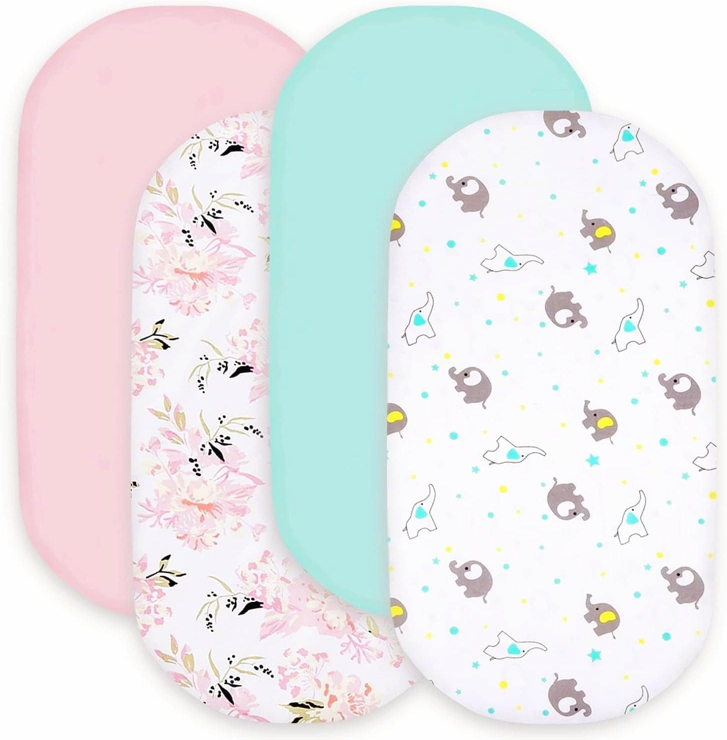 bimocosy Bassinet Sheet, 4 Pack Bassinet Sheets for Baby Girls Boys, Soft Baby Bassinet Fitted Sheets Neutral for Standard Bassinet Mattress, Size 32 x 16 x 4 Inches, Floral/Elephant/Pink/Green