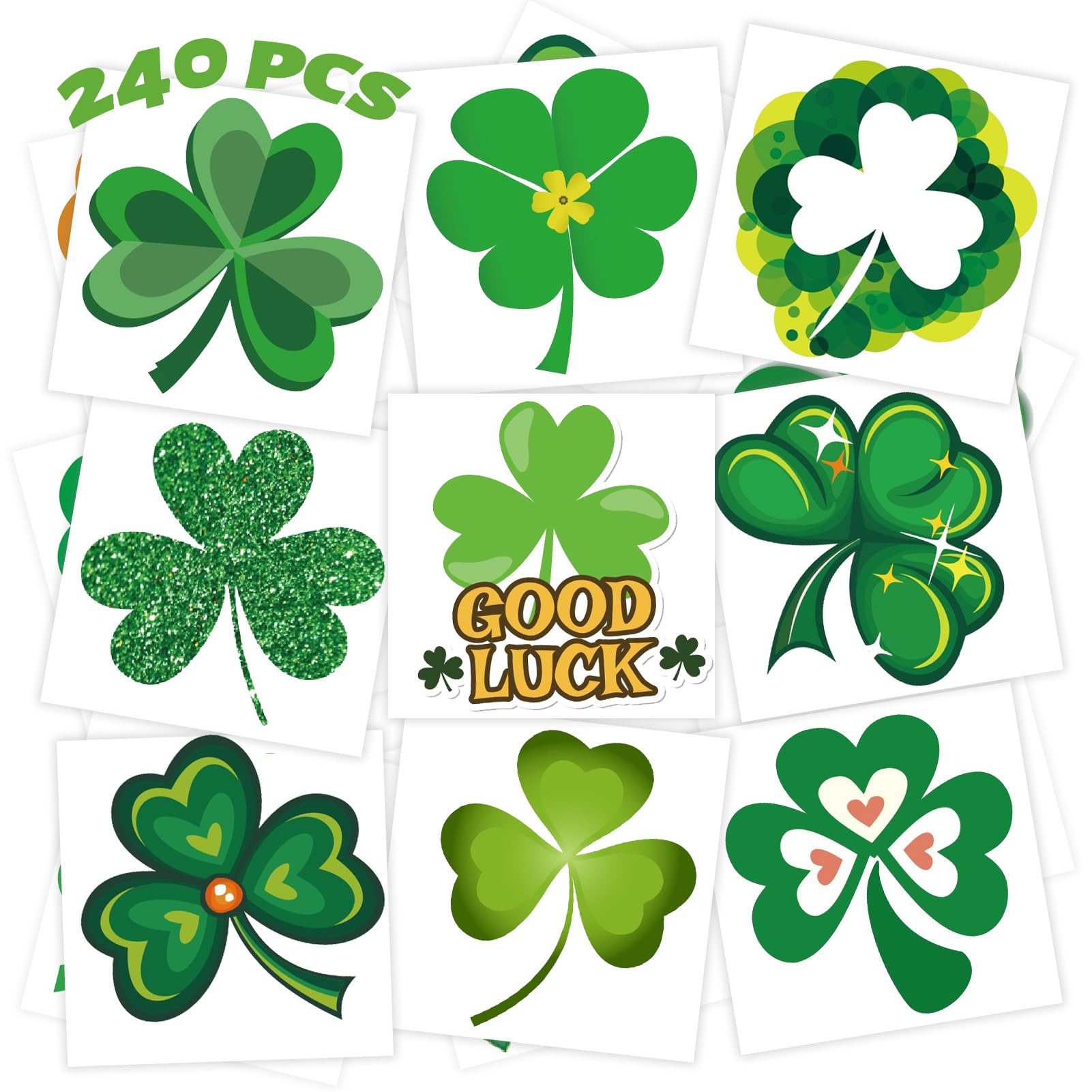 240 Pcs Shamrock Temporary Tattoos for kids, Safety Waterproof Bulk Tattoos Stickers, Children's Temporary Tattoo Toys, Best Choice for St. Patrick's Day Parade and Irish Party , 60 Different