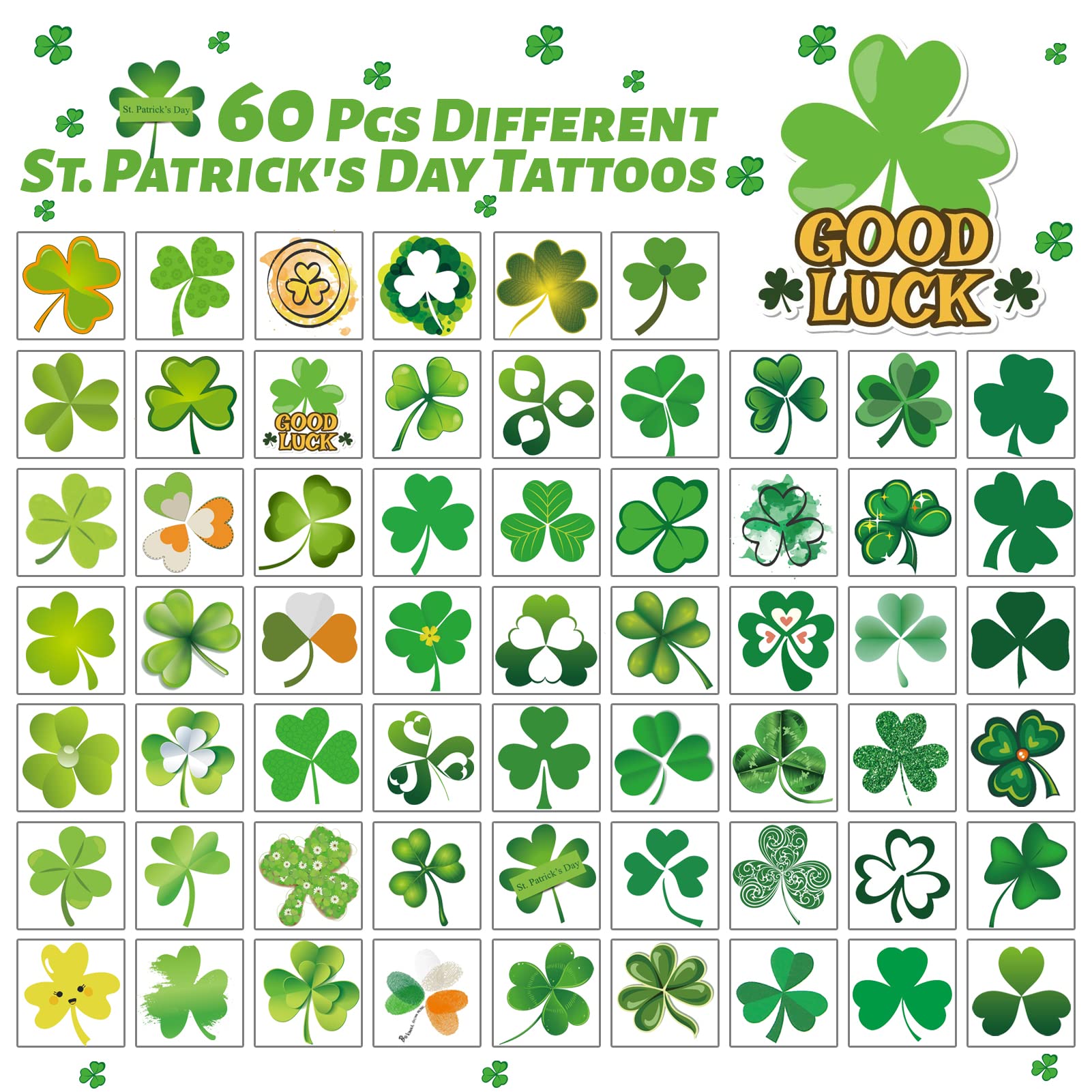 240 Pcs Shamrock Temporary Tattoos for kids, Safety Waterproof Bulk Tattoos Stickers, Children's Temporary Tattoo Toys, Best Choice for St. Patrick's Day Parade and Irish Party , 60 Different