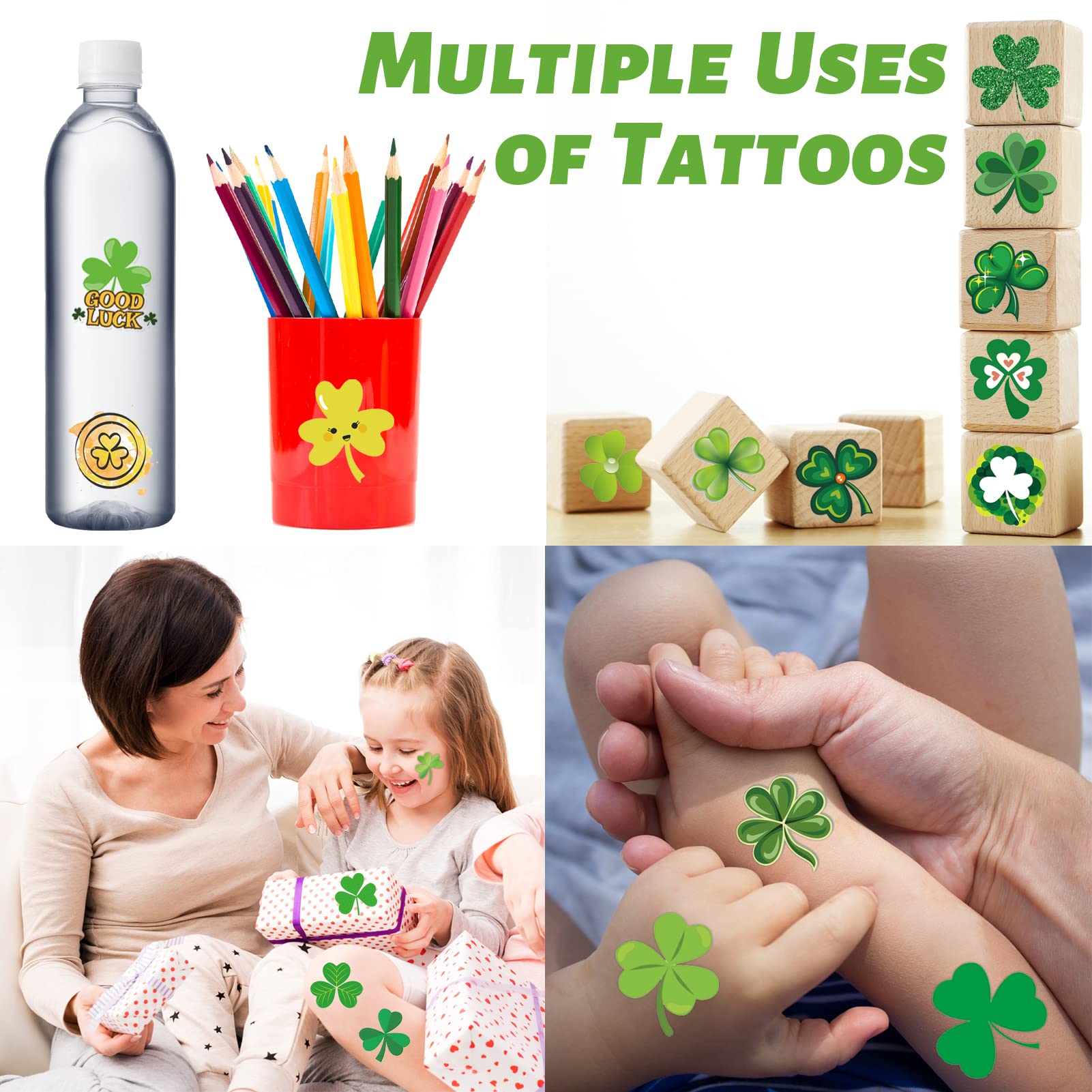 240 Pcs Shamrock Temporary Tattoos for kids, Safety Waterproof Bulk Tattoos Stickers, Children's Temporary Tattoo Toys, Best Choice for St. Patrick's Day Parade and Irish Party , 60 Different