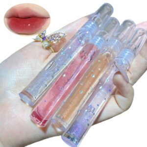 natural hydrating shimmery lip gloss set, waterproof long lasting moisturizing lip care lip oil gloss, diamond transparent shimmer hydrating & plumping lip tint for women and girls (4pcs)