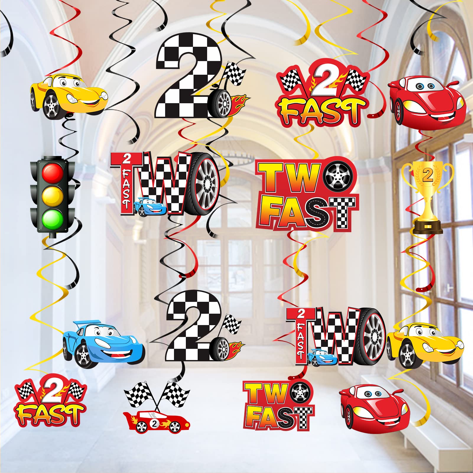 Aodocuto Race Car 2 Fast Birthday Decorations Hanging Swirls for Boys, 16Pcs Car Theme 2nd Birthday Foil Swirls Party Supplies, 2 Year Old Let's Go Racing Birthday Party Ceiling Decor