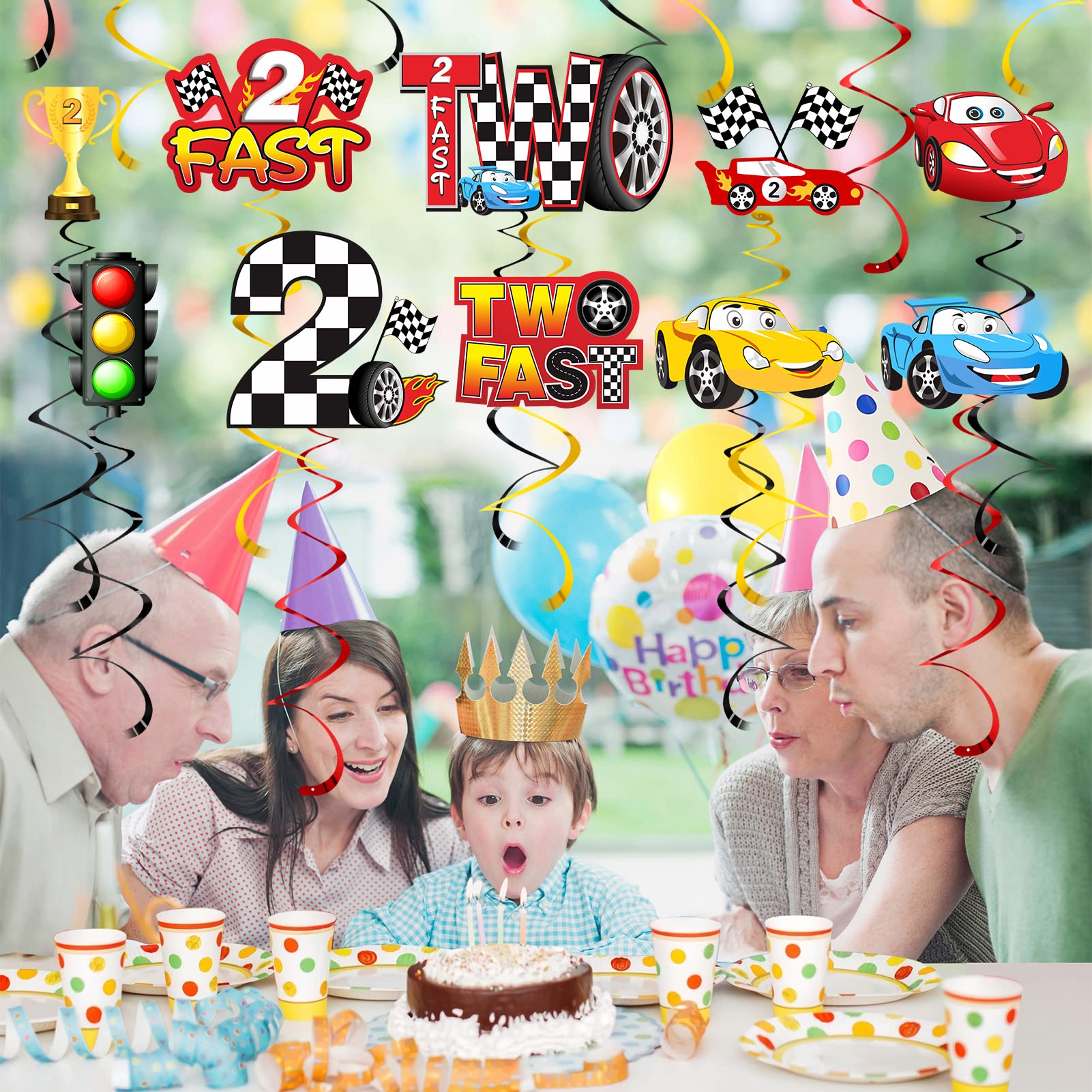 Aodocuto Race Car 2 Fast Birthday Decorations Hanging Swirls for Boys, 16Pcs Car Theme 2nd Birthday Foil Swirls Party Supplies, 2 Year Old Let's Go Racing Birthday Party Ceiling Decor