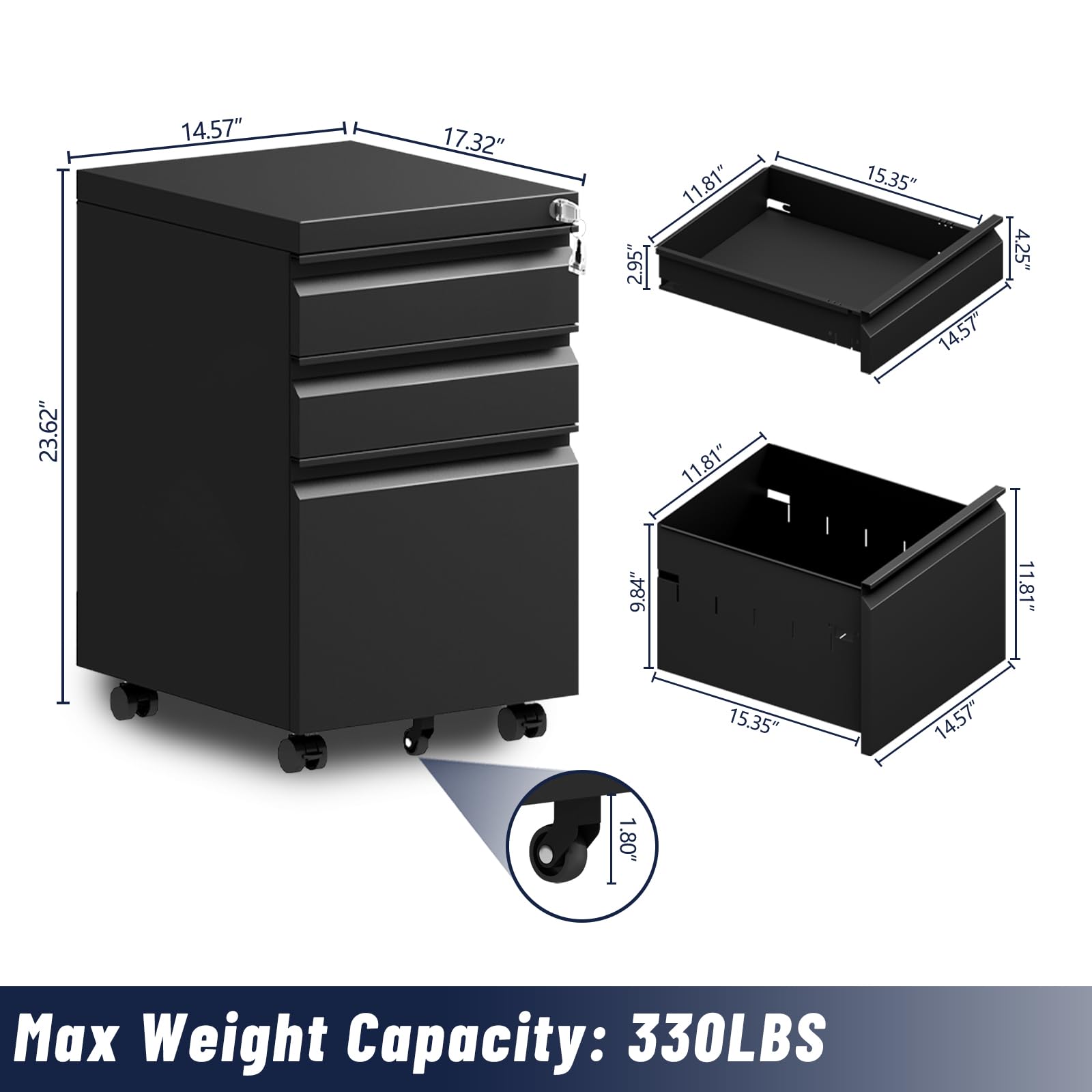 BEIORD Filing Cabinet 3 Drawer, Fully Assembled Mobile File Cabinet 3 Drawer, Locking File Cabinet 3 Drawer for Legal/Letter/a4 File, 3 Drawer Under Desk File Cabinet for Home Office