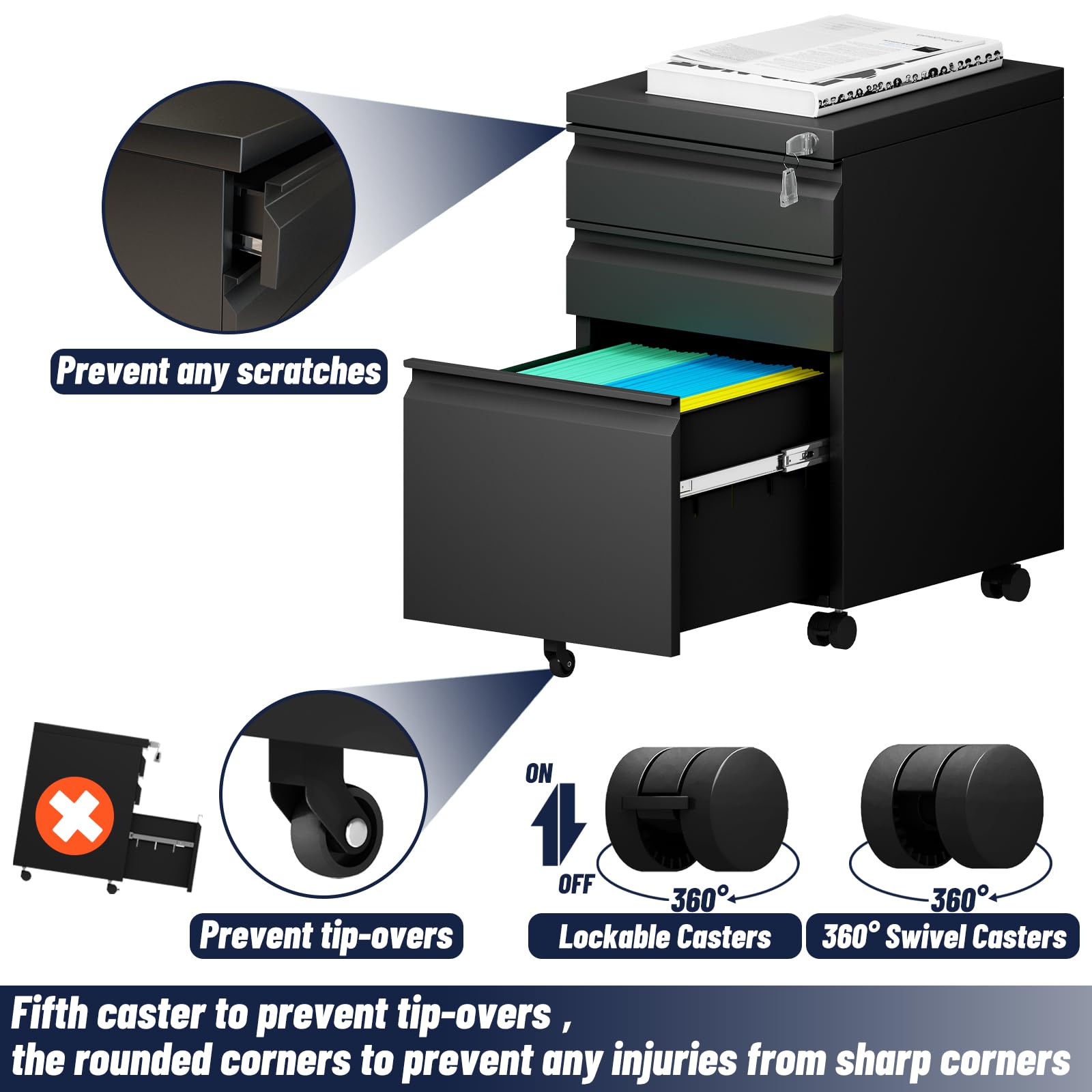 BEIORD Filing Cabinet 3 Drawer, Fully Assembled Mobile File Cabinet 3 Drawer, Locking File Cabinet 3 Drawer for Legal/Letter/a4 File, 3 Drawer Under Desk File Cabinet for Home Office