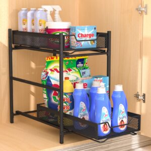 housolution under sink organizer and storage, 2 tier metal slide out under cabinet organizer with stoppable drawer, height adjustable under sink shelf for kitchen and bathroom, black