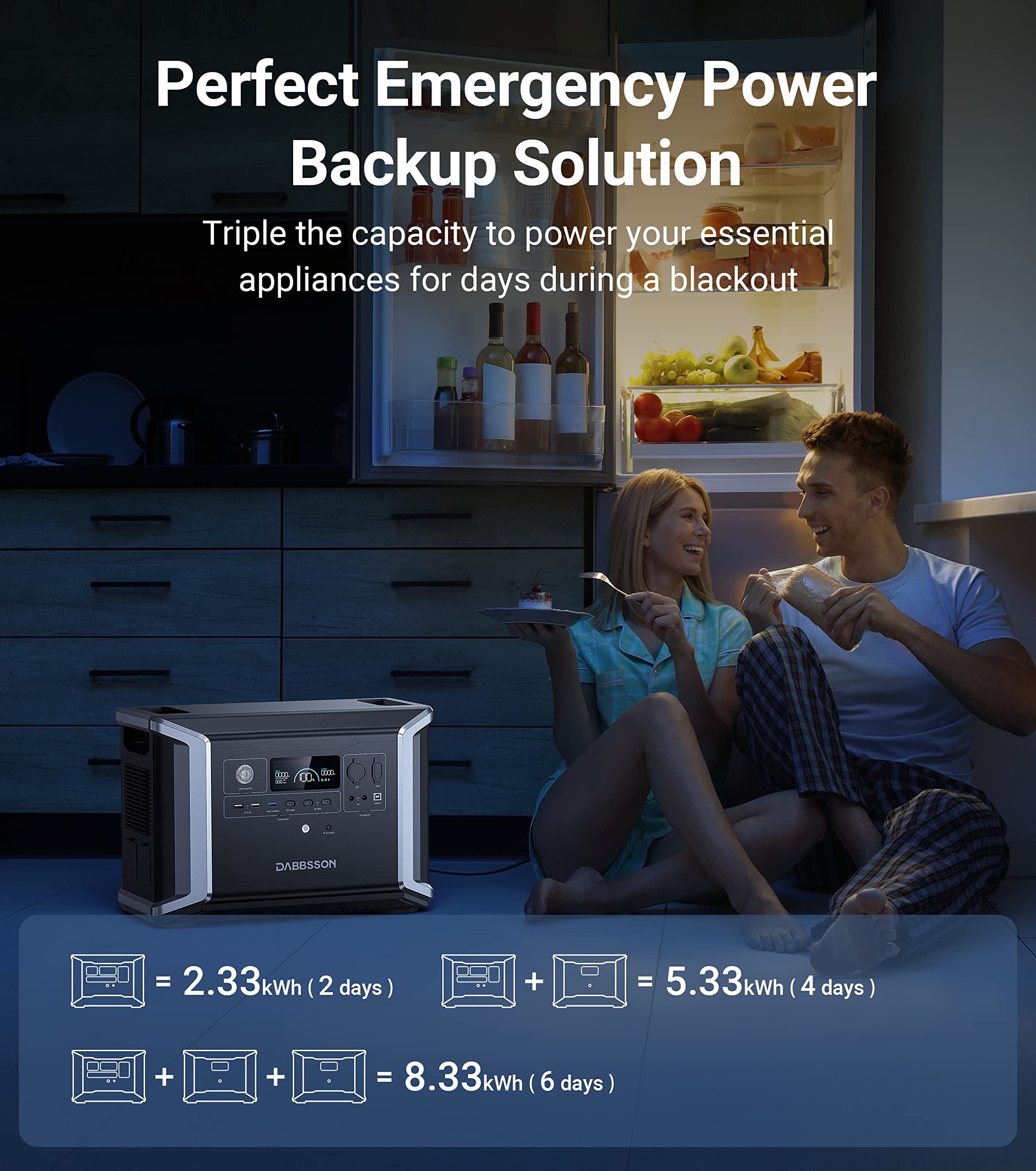 Dabbsson Portable Power Station DBS2300, 2330Wh EV Semi-solid State LiFePO4 Home Battery Backup, Max 8330Wh, 5×2200W AC Outlets, Solar Generator for Camping, Home Backup, Emergency, RV