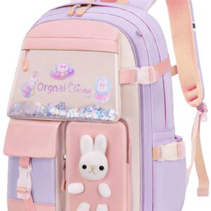 Gazigo Girls Backpack Elementary School, Bunny Backpack for girls Cute Kids Laptop Bag Kindergarten Preschool Bookbag Mochila Para 5.6.7.8.9.10 Niñas(Only Backpack Purple)