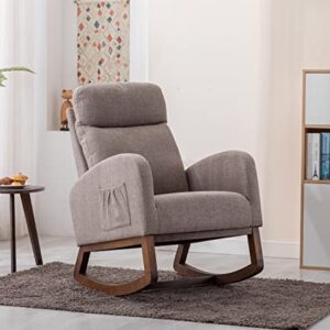 KINFFICT Comfy Rocking Chair, Upholstered Accent Glider Rocker for Baby Nursery or Relaxation, Living Room Armchair with High Back and Headrest, Modern Rocking Glider with Side Pocket, Grey