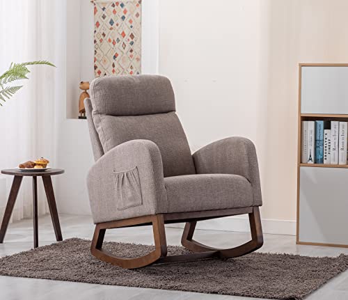 KINFFICT Comfy Rocking Chair, Upholstered Accent Glider Rocker for Baby Nursery or Relaxation, Living Room Armchair with High Back and Headrest, Modern Rocking Glider with Side Pocket, Grey