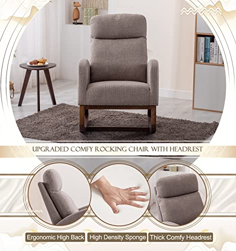 KINFFICT Comfy Rocking Chair, Upholstered Accent Glider Rocker for Baby Nursery or Relaxation, Living Room Armchair with High Back and Headrest, Modern Rocking Glider with Side Pocket, Grey