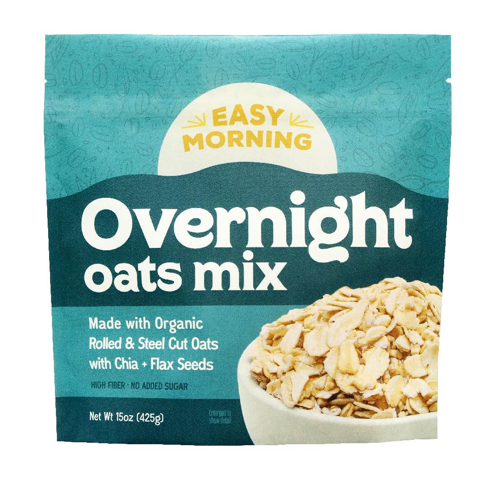 Easy Morning Overnight Oats ⎸ Organic Mix of Rolled Oats, Flax, Chia, Steel Cut Oats ⎸ Make in Overnight Oats Containers with Lids, Then Wake Up to Your Perfect Breakfast (10 Serving Bag, 15oz)