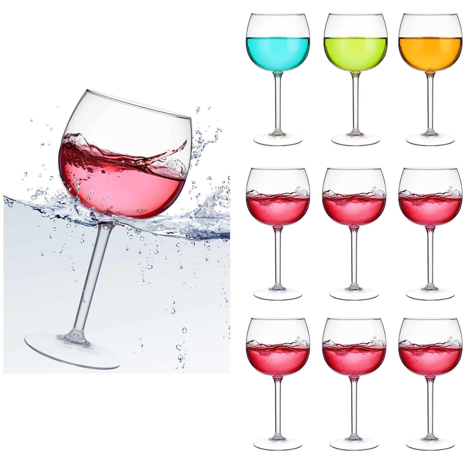 10 Pack Floating Wine Glasses for Pool 18 oz Unbreakable Wine Glasses with Stem Plastic Floating Cup Pool Reusable Stemware Shatterproof Wine Glasses for Indoor Outdoor Poolside Beach Supplies