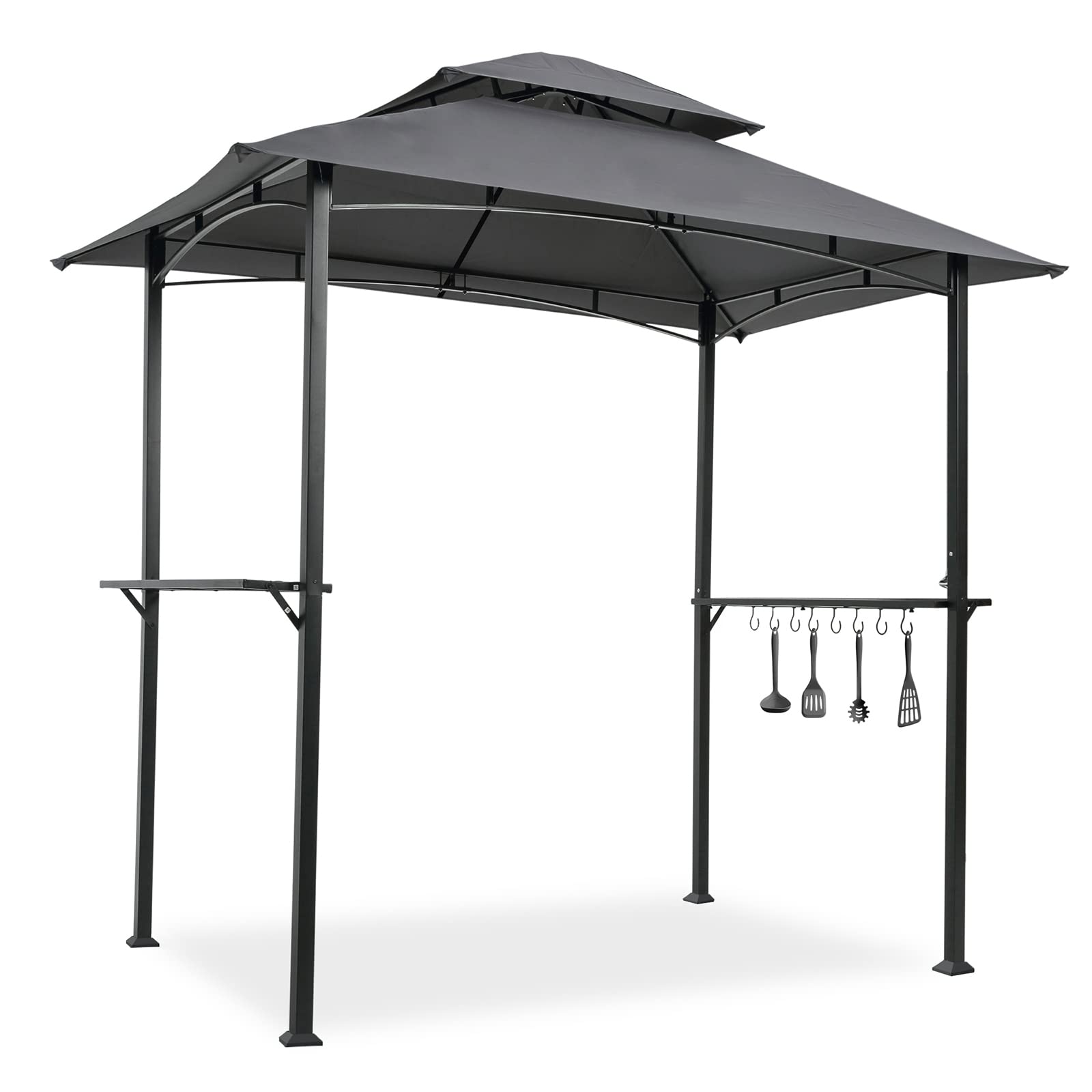 Grill Gazebo 8 x 5 Ft Outdoor BBQ Gazebo Shelter Tent Grill Patio Canopy Barbeque Gazebo Canopy,Double Tier Soft Top Canopy and Steel Frame with Hook and Bar Counters(Ship from US) (Grey)