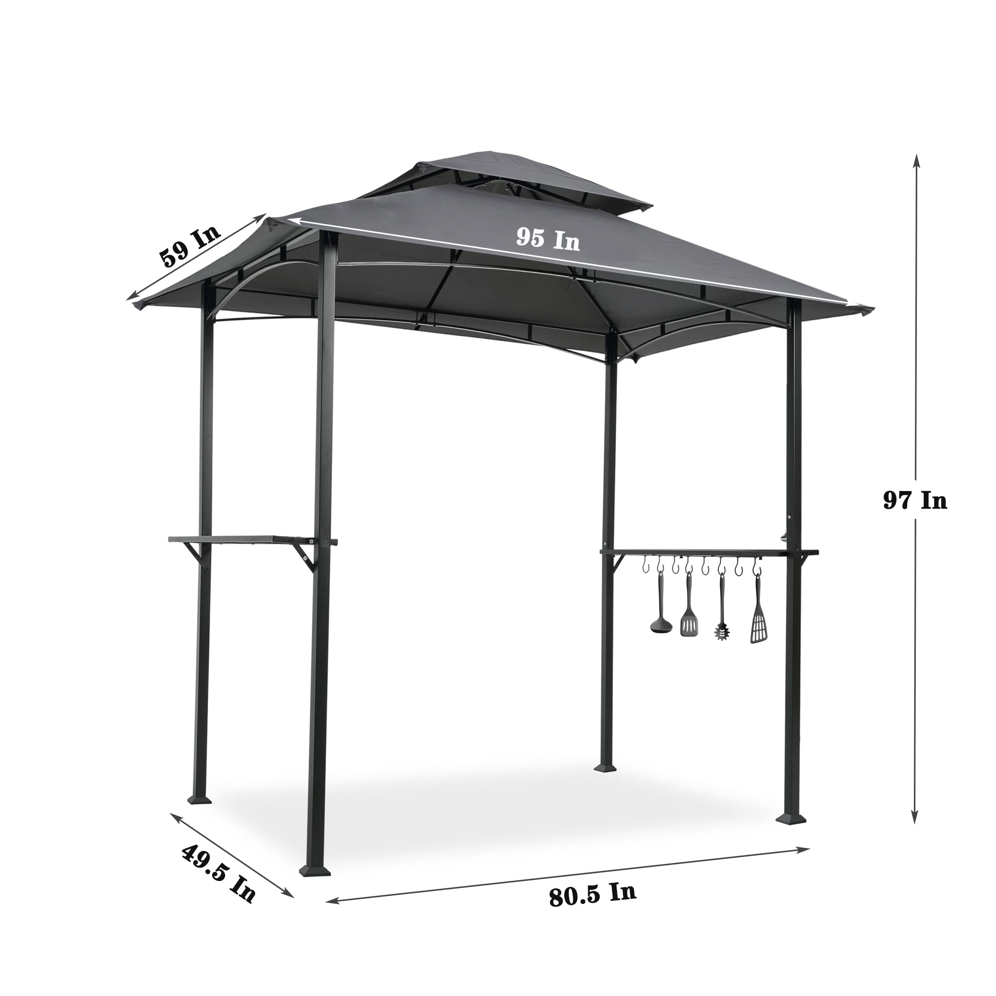 Grill Gazebo 8 x 5 Ft Outdoor BBQ Gazebo Shelter Tent Grill Patio Canopy Barbeque Gazebo Canopy,Double Tier Soft Top Canopy and Steel Frame with Hook and Bar Counters(Ship from US) (Grey)