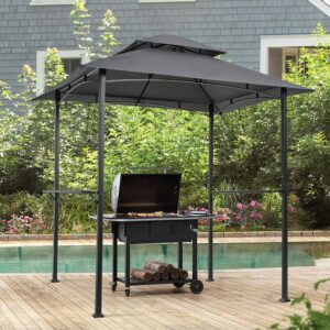 Grill Gazebo 8 x 5 Ft Outdoor BBQ Gazebo Shelter Tent Grill Patio Canopy Barbeque Gazebo Canopy,Double Tier Soft Top Canopy and Steel Frame with Hook and Bar Counters(Ship from US) (Grey)