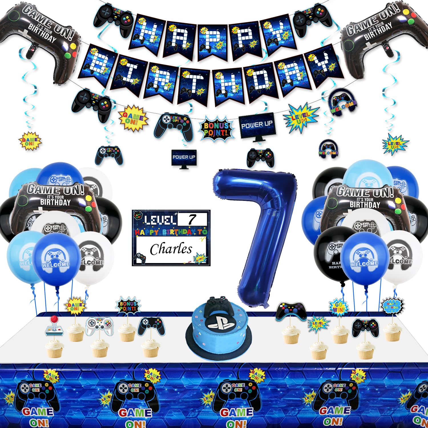 Video Game Party Decorations - 7th Birthday Decorations for Boys, HAPPY BIRTHDAY Banner, Video Game Balloons, Number 7 Blue Balloons, Gaming Hanging Swirls, Game On Birthday Party Supplies