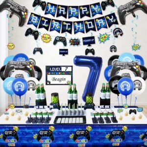 Video Game Party Decorations - 7th Birthday Decorations for Boys, HAPPY BIRTHDAY Banner, Video Game Balloons, Number 7 Blue Balloons, Gaming Hanging Swirls, Game On Birthday Party Supplies