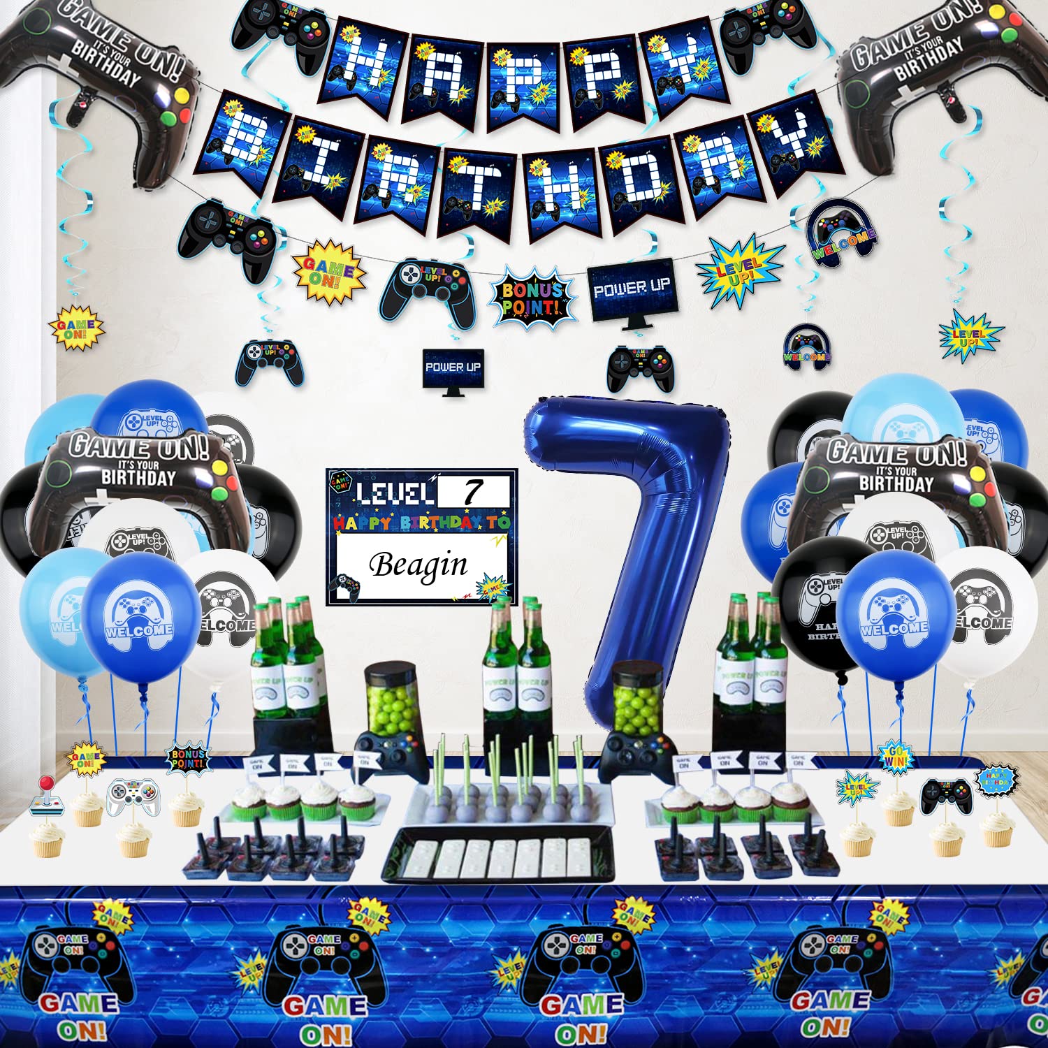 Video Game Party Decorations - 7th Birthday Decorations for Boys, HAPPY BIRTHDAY Banner, Video Game Balloons, Number 7 Blue Balloons, Gaming Hanging Swirls, Game On Birthday Party Supplies