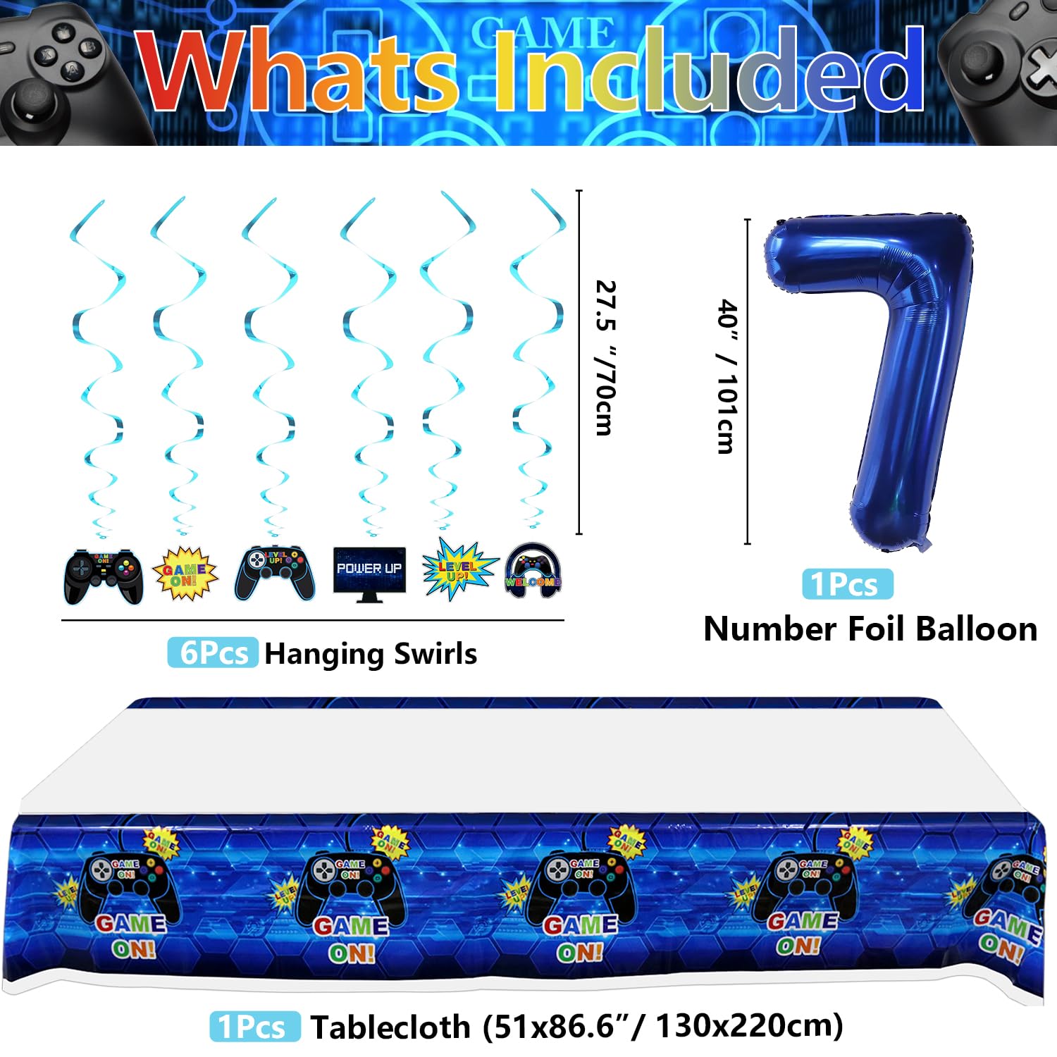 Video Game Party Decorations - 7th Birthday Decorations for Boys, HAPPY BIRTHDAY Banner, Video Game Balloons, Number 7 Blue Balloons, Gaming Hanging Swirls, Game On Birthday Party Supplies