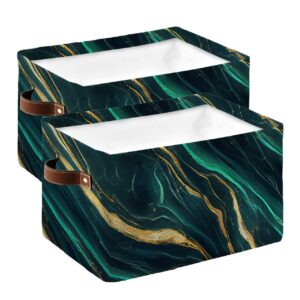 Marble Emerald Green Cube Storage Organizer Bins with Handles, 15x11x9.5 Inch Collapsible Canvas Cloth Fabric Storage Basket, Modern Abstract Gold Art Books Kids' Toys Bin Boxes for Shelves, Closet